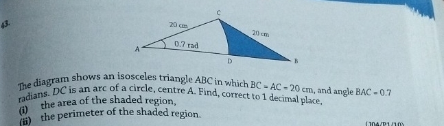 Solved: The diagram shows an isosceles triangle ABC in which BC=AC=20cm ...