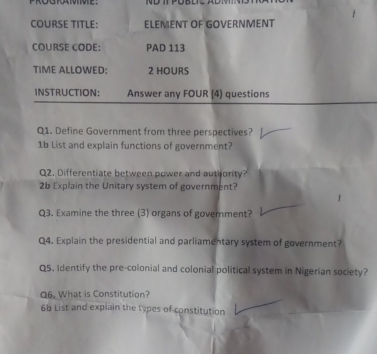 Solved: PROGRAIVIVIE: COURSE TITLE: ELEMENT OF GOVERNMENT COURSE CODE ...