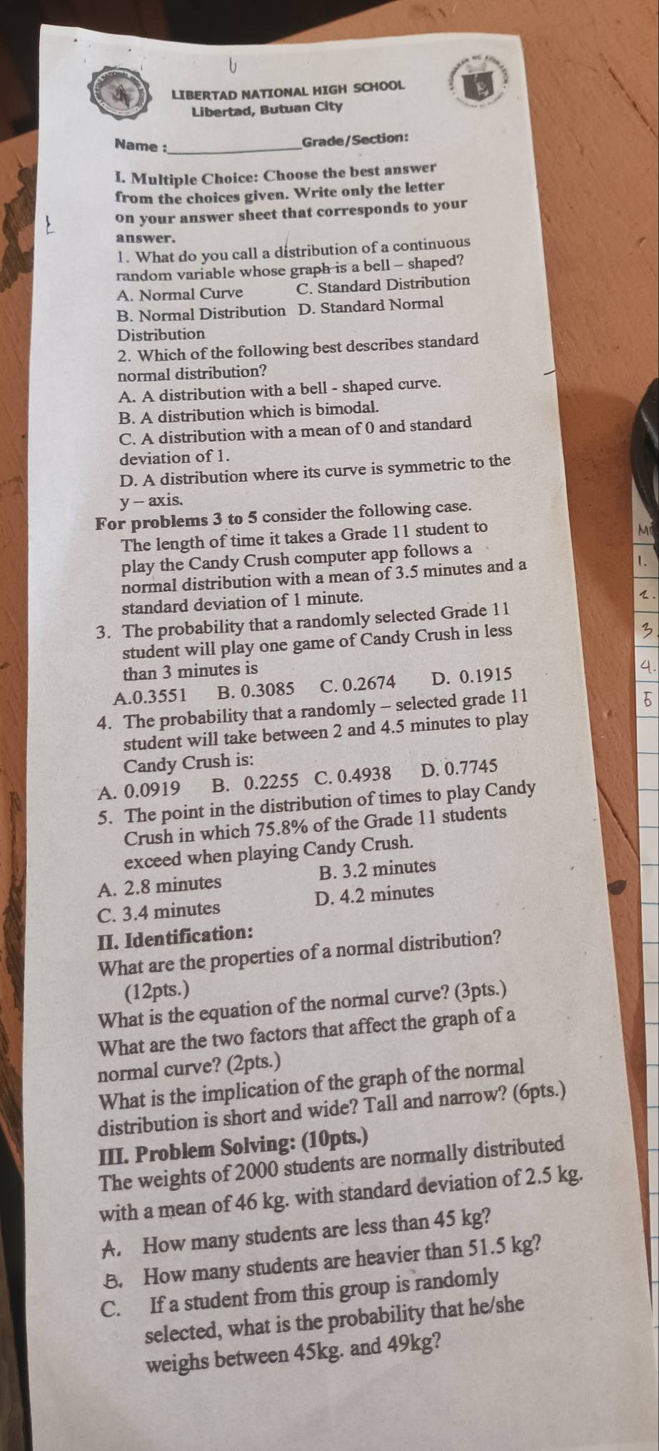 Solved: LIBERTAD NATIONAL HIGH SCHOOL Libertad, Butuan City Name ...