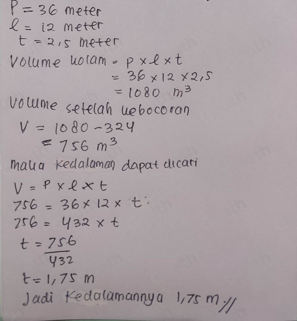 Solved: Sebuah kolam renang memiliki panjang 36 meter, lebar 12 meter ...
