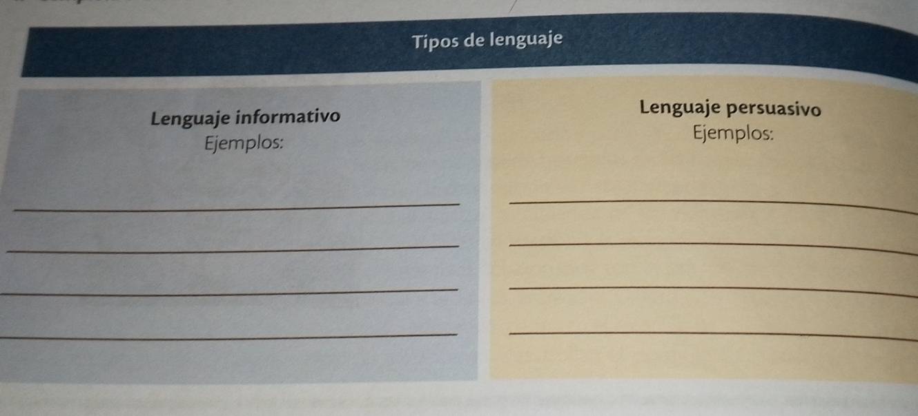 Resuelto:Tipos de lenguaje Lenguaje informativo Lenguaje persuasivo ...