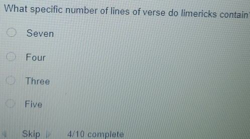 Solved: What specific number of lines of verse do limericks contain ...