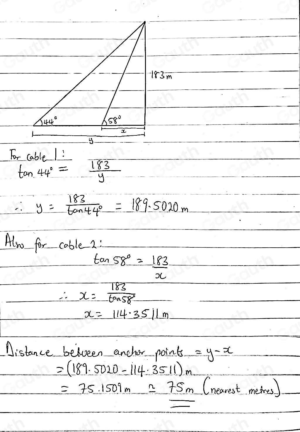 Solved: The PLDT has a 183 m straight vertical tower. There are two ...