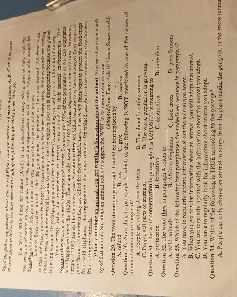 Giải quyết:Read the following passage about The World Wide Fund for ...
