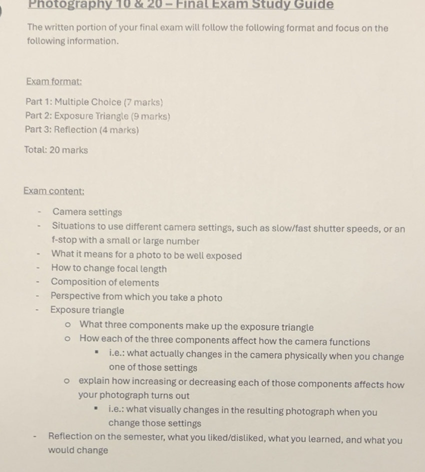Solved: Photography 10 & 20 - Final Exam Study Guide The written ...