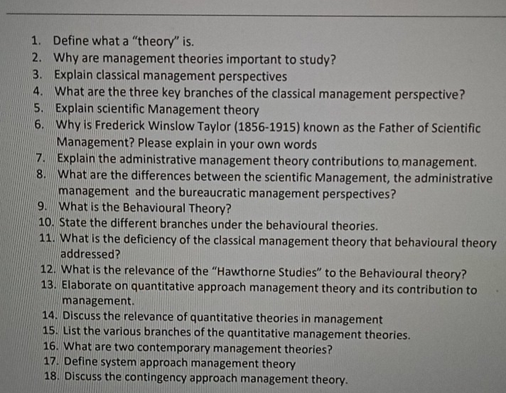 Solved: Define what a “theory” is. 2. Why are management theories ...