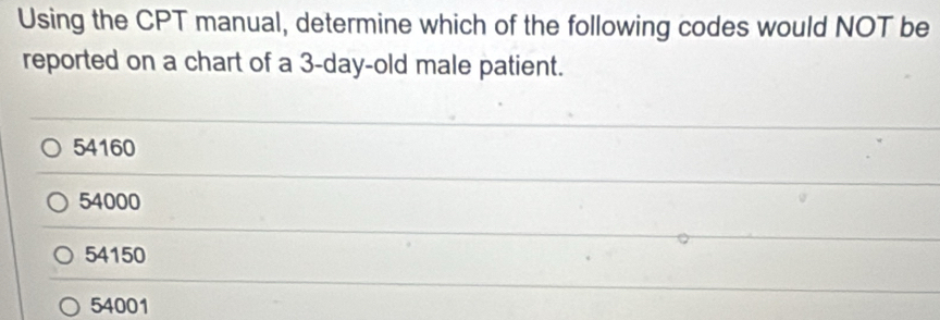 Solved: Using the CPT manual, determine which of the following codes ...