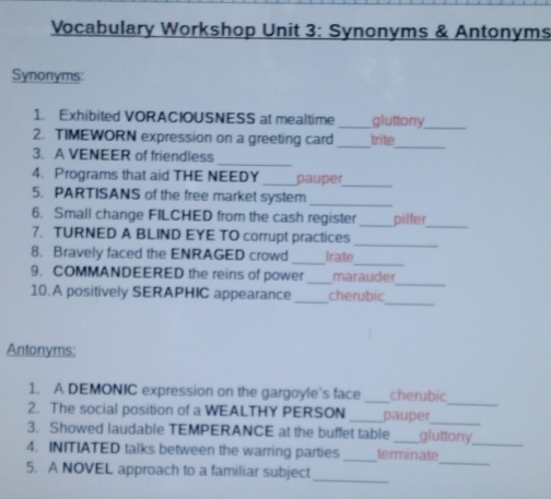 Solved: Vocabulary Workshop Unit 3: Synonyms & Antonyms Synonyms: 1 ...