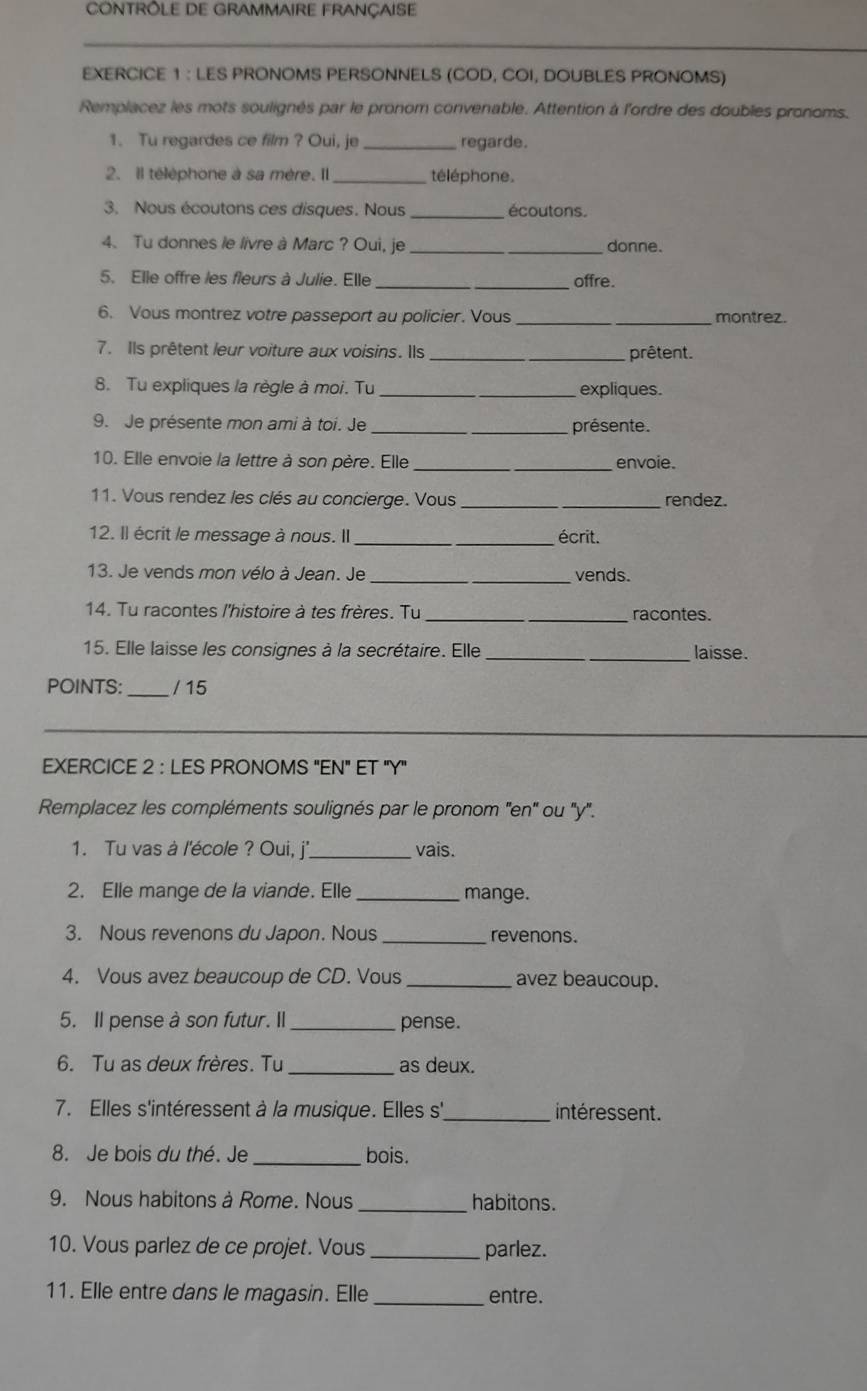 Risolto:CONTRÕLE DE GRAMMAIRE FRANÇAISE EXERCICE 1 : LES PRONOMS ...