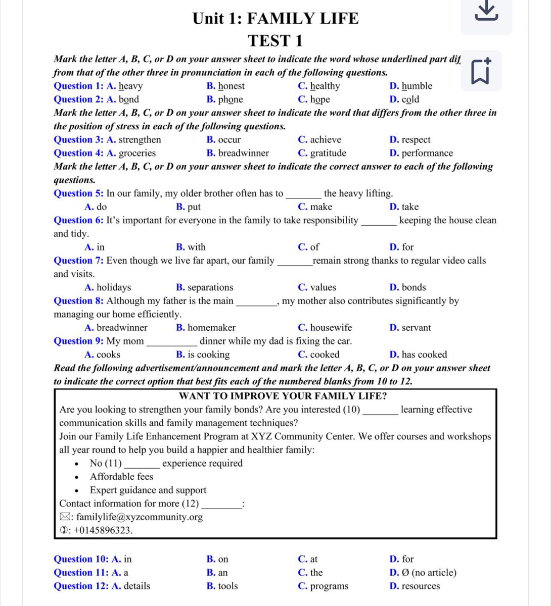 Giải quyết:FAMILY LIFE TEST 1 Mark the letter A, B, C, or D on your ...