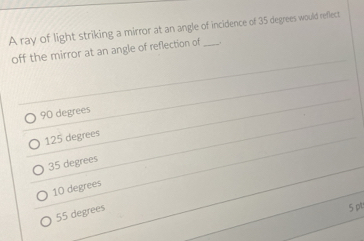 Solved: A ray of light striking a mirror at an angle of incidence of 35 ...