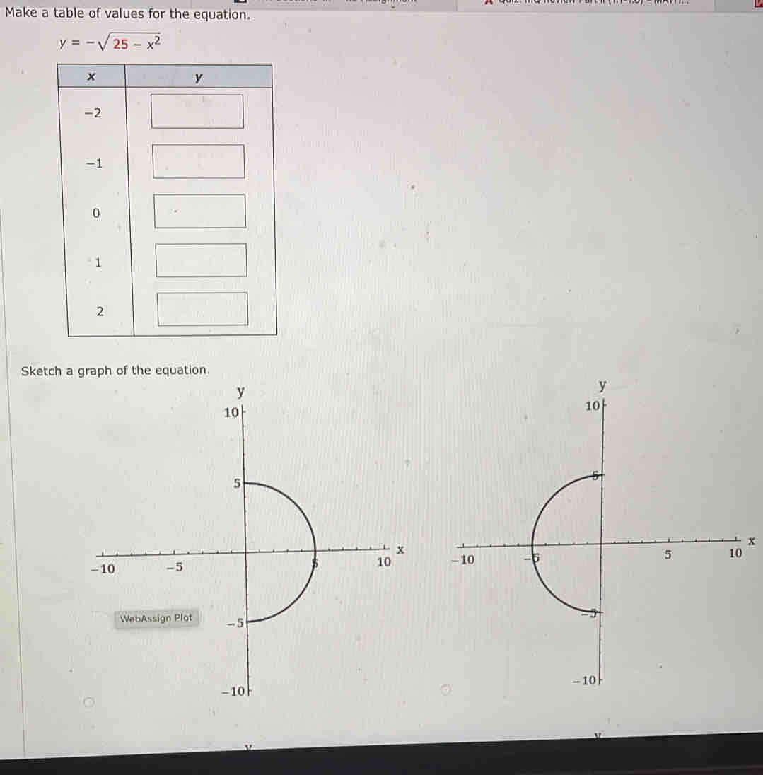 Make a table of values for the equation. y=-sqrt(25-x^2) x y -2 -1 0 1 2 Sketch aequation. [Math]