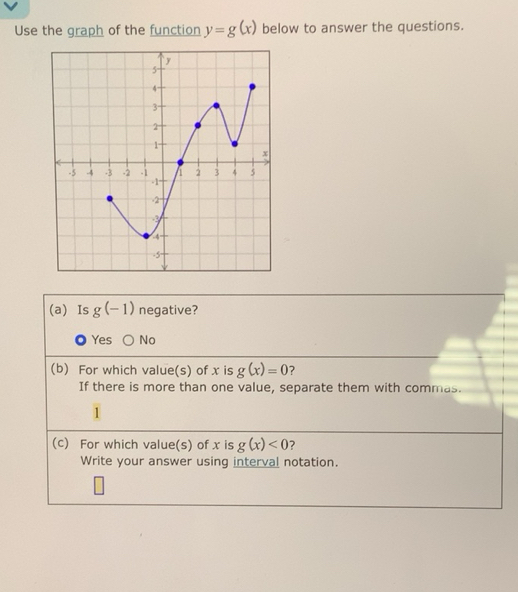Solved: Use the graph of the function y=g(x) below to answer the questions. y 5 - 4 - 3° 2 1 - x ...