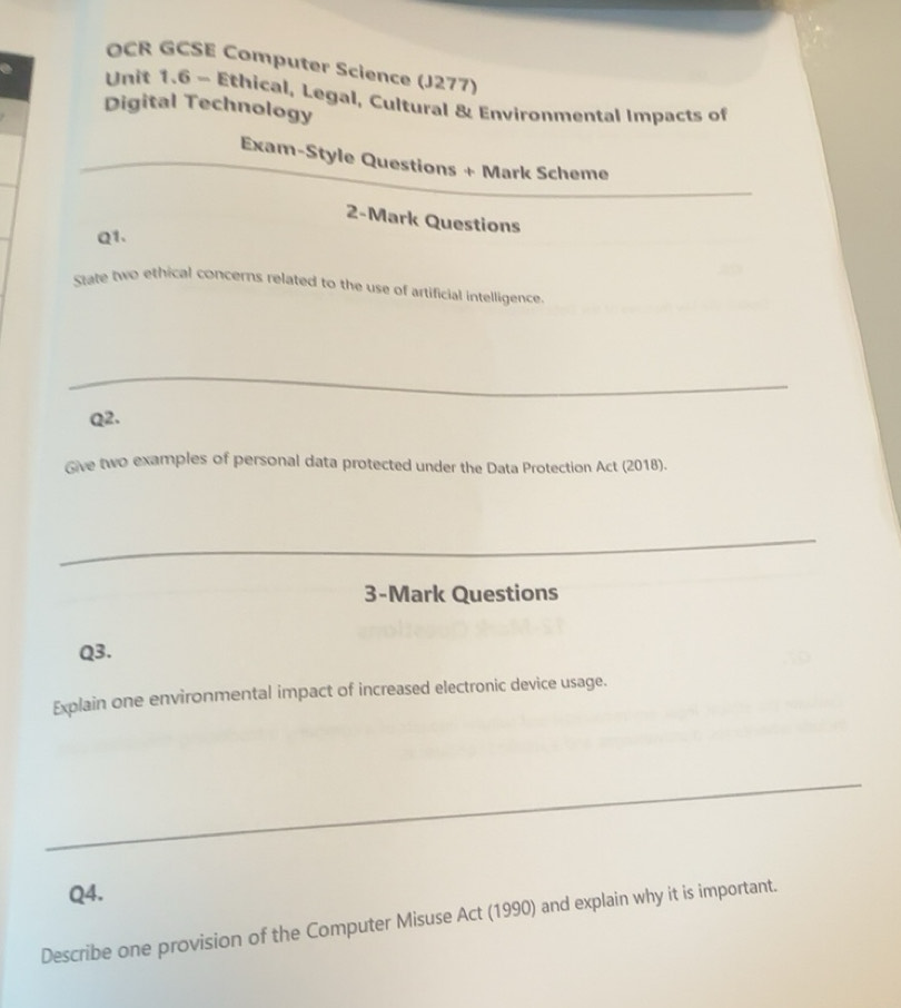 Solved: OCR GCSE Computer Science (J277) Unit 1.6 - Ethical, Legal ...