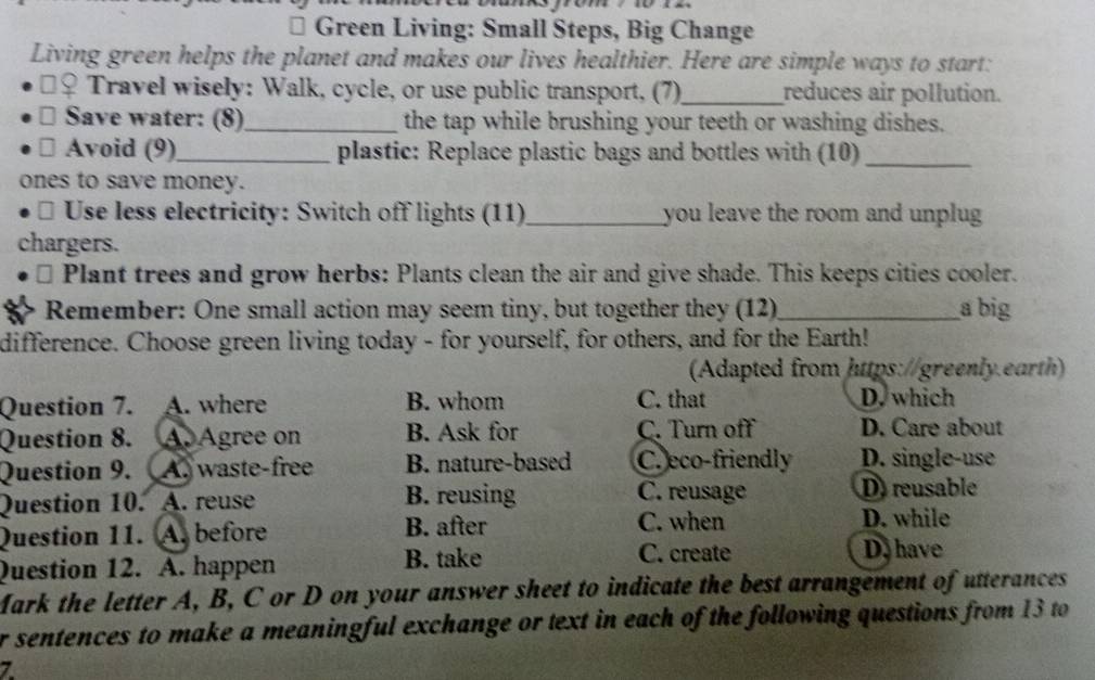 Giải quyết:Green Living: Small Steps, Big Change Living green helps the ...