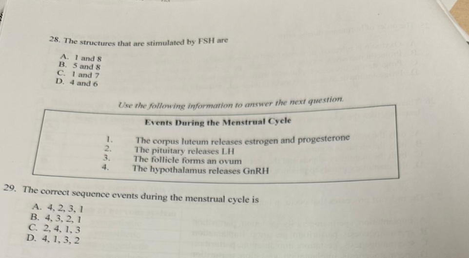 Solved: The structures that are stimulated by FSH are A. 1 and 8 B. 5 ...