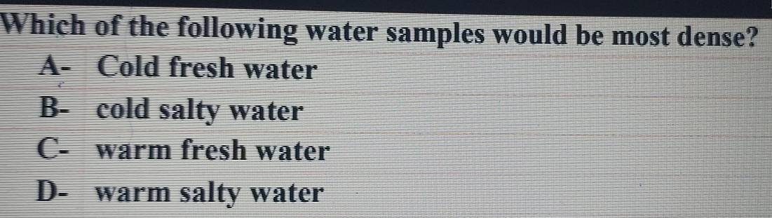Solved: Which of the following water samples would be most dense? A ...