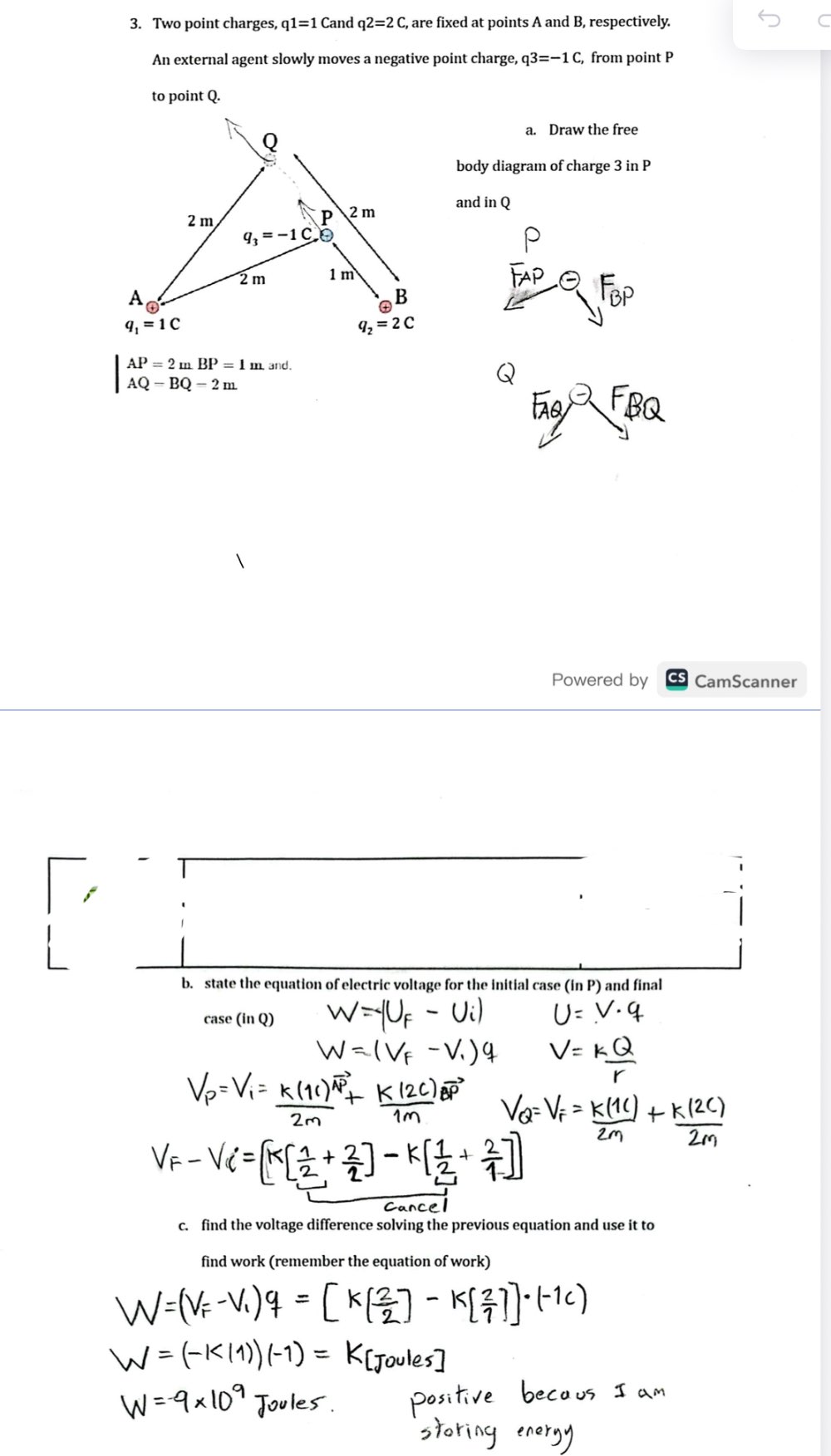 Resuelto:Two point charges, q1=1Candq2=2C, , are fixed at points A and ...