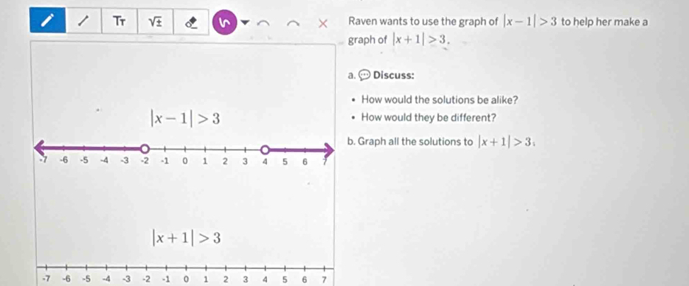Solved: Tr sqrt(± ) v Raven wants to use the graph of |x-1|>3 to help ...