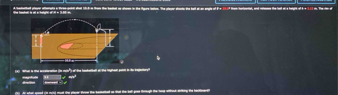 Solved: A basketball player attempts a three-point shot 10.0 m from the ...