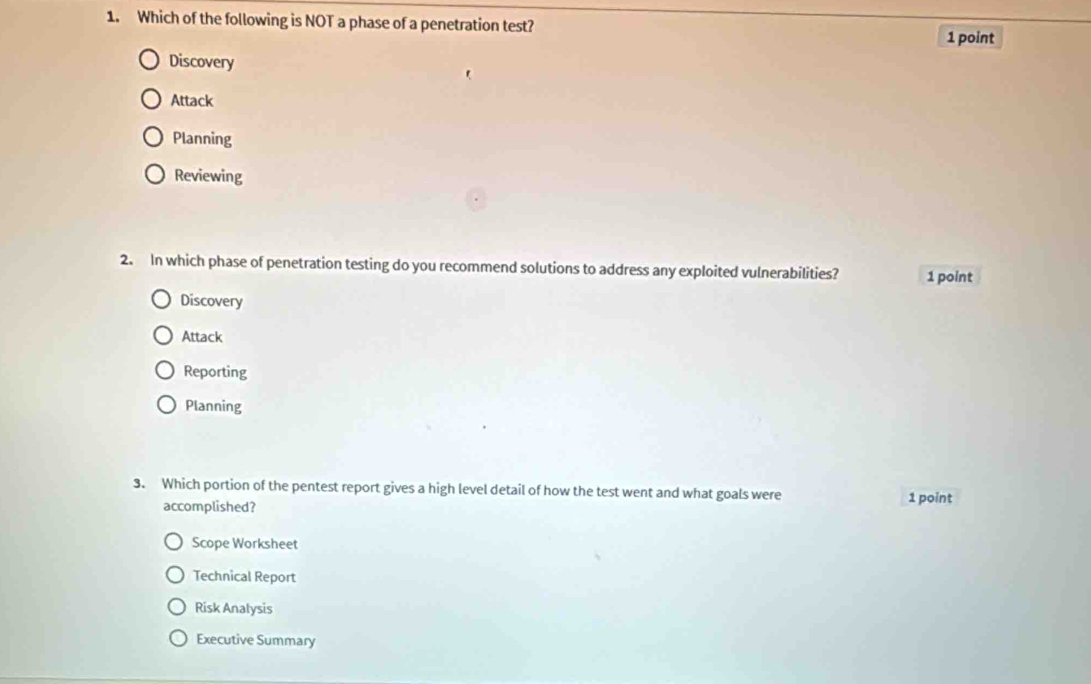 Solved: Which of the following is NOT a phase of a penetration test? 1 ...