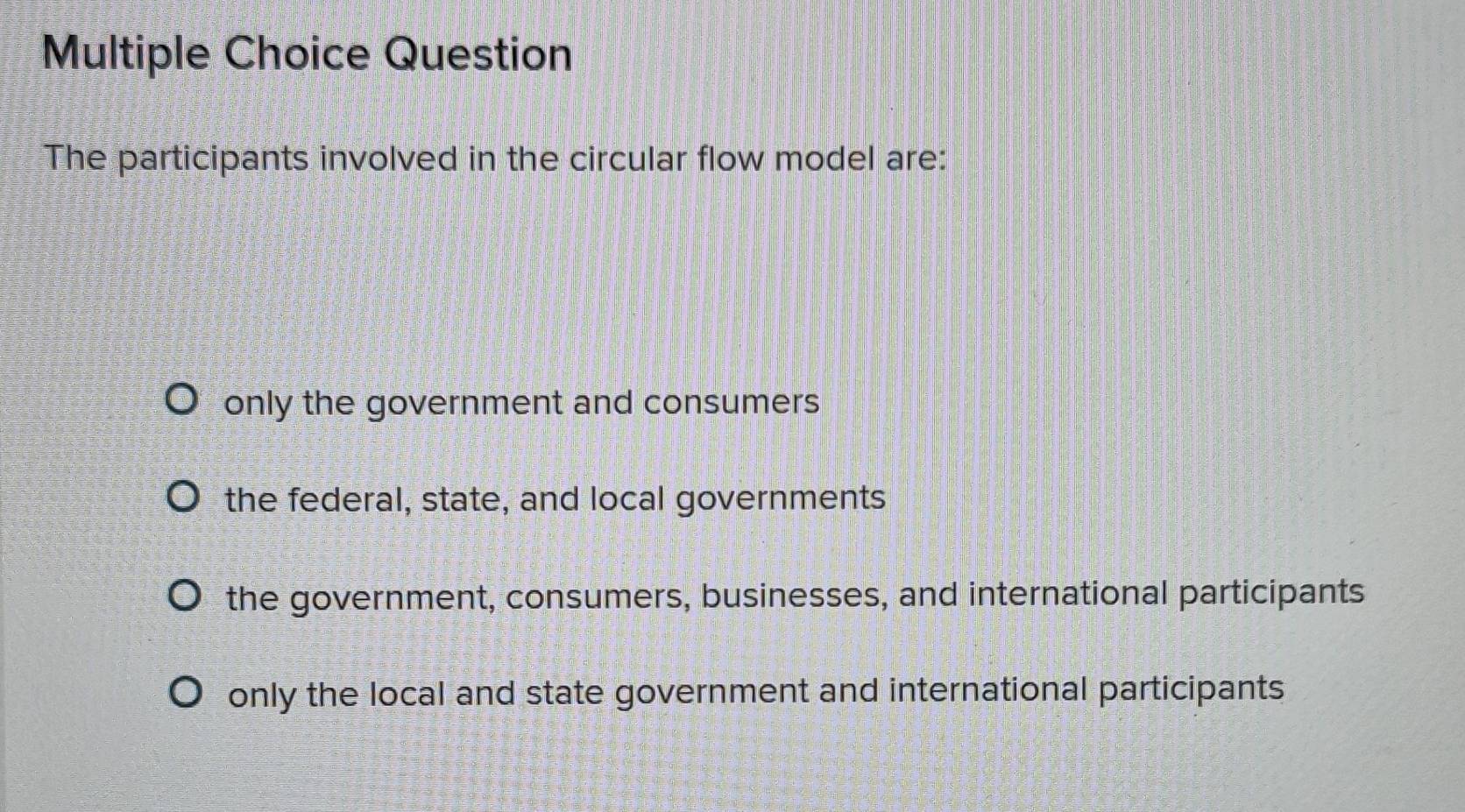 Solved: Question The participants involved in the circular flow model ...