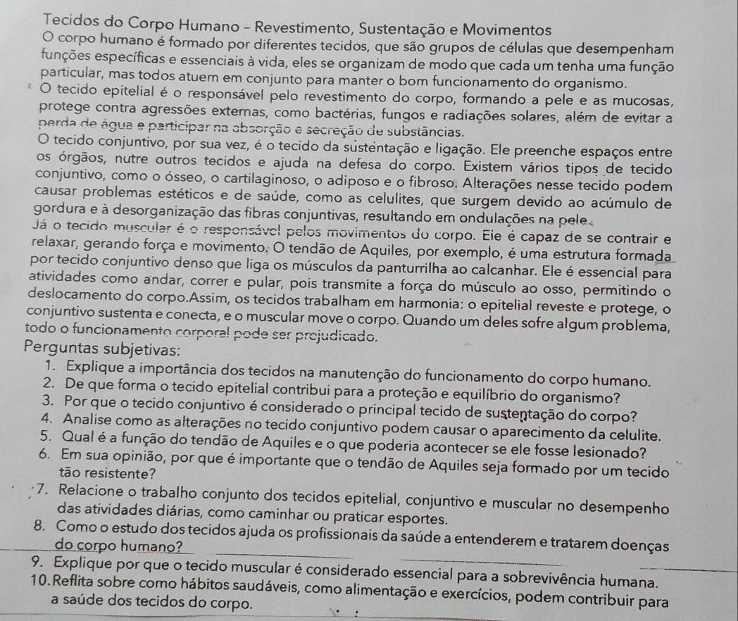 Resolvido:Tecidos do Corpo Humano - Revestimento, Sustentação e ...