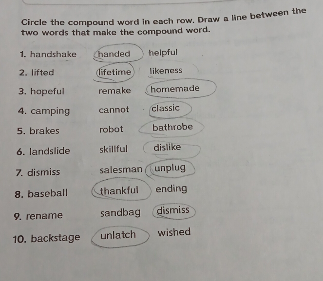 Solved: Circle the compound word in each row. Draw a line between the ...