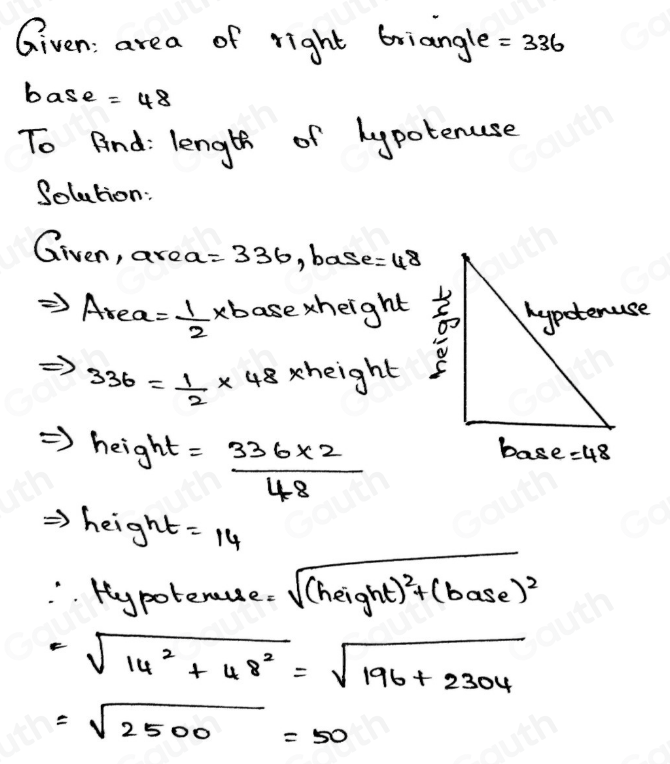 Solved: The area of a right triangle is 336 square centimeters. The base of the right triangle ...