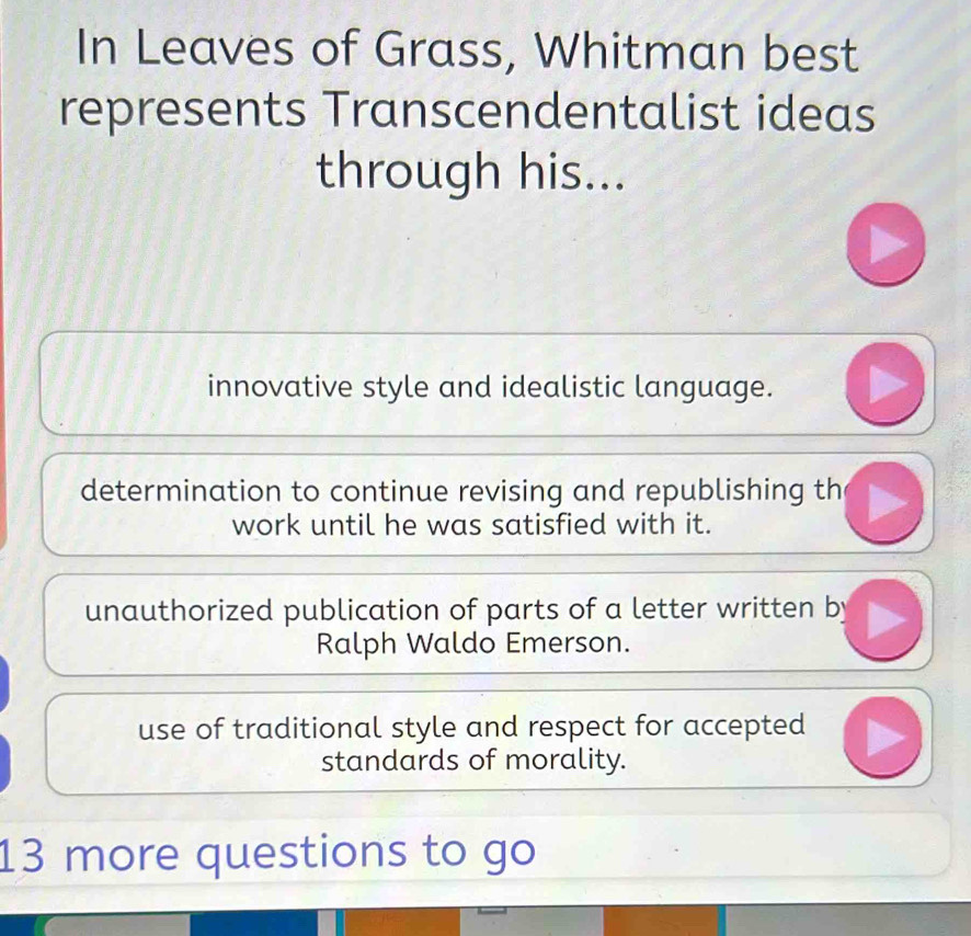 Solved: In Leaves of Grass, Whitman best represents Transcendentalist ...