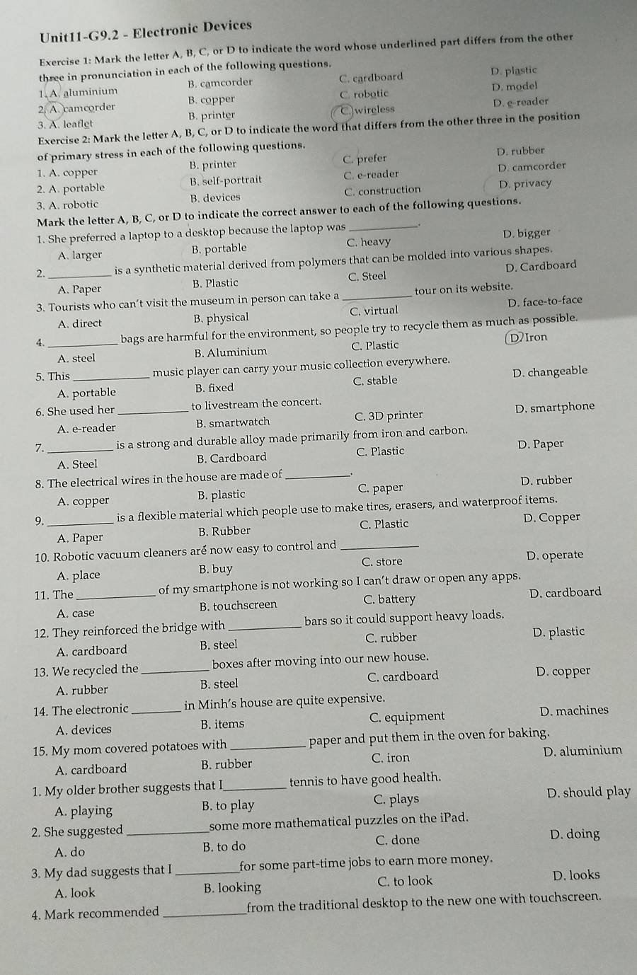 Giải quyết:Unit11-G9.2 - Electronic Devices Exercise 1: Mark the letter A, B, C, or D to ...