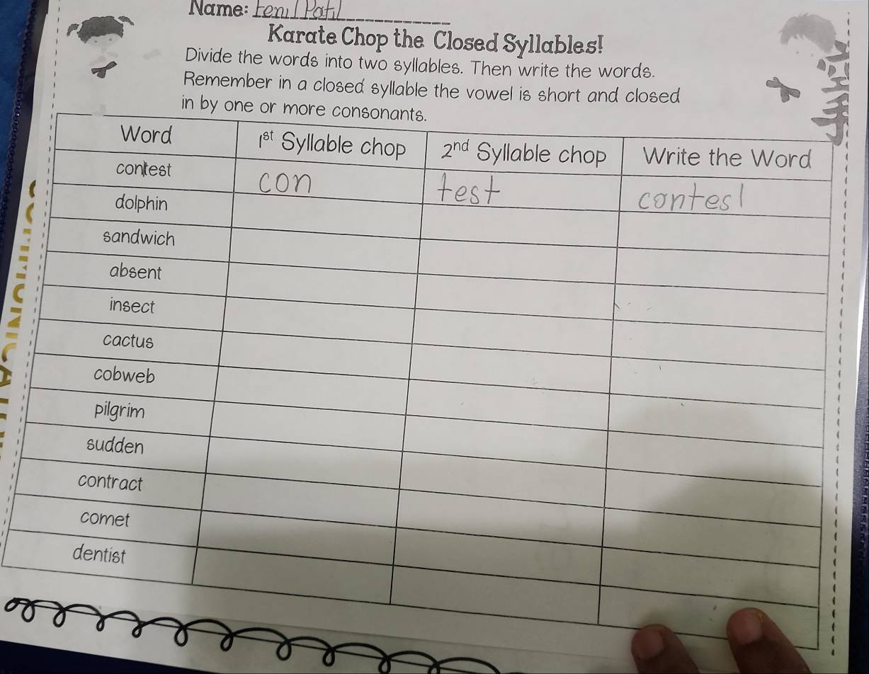 Solved: Name:_ Karate Chop the Closed Syllables! Divide the words into ...