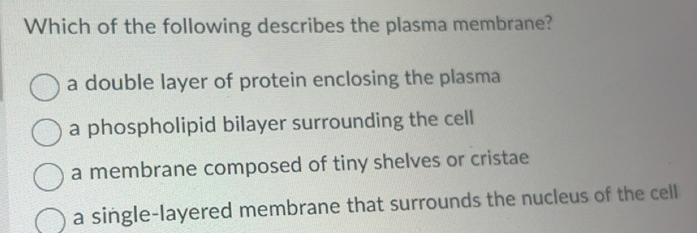 Solved: Which of the following describes the plasma membrane? a double ...