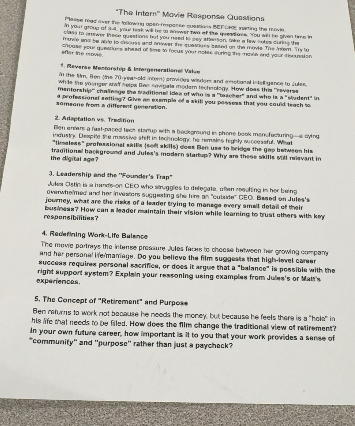 Solved: “The Intern” Movie Response Questions Please read over the ...
