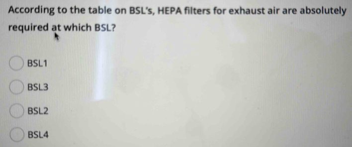 Solved: According to the table on BSL’s, HEPA filters for exhaust air ...