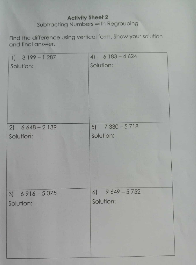 Solved: Activity Sheet 2 Subtracting Numbers with Regrouping Find the ...