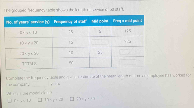 Solved: The grouped frequency table shows the length of service of 50 ...