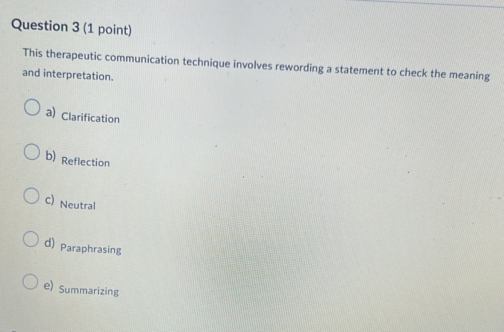 Solved: This therapeutic communication technique involves rewording a ...