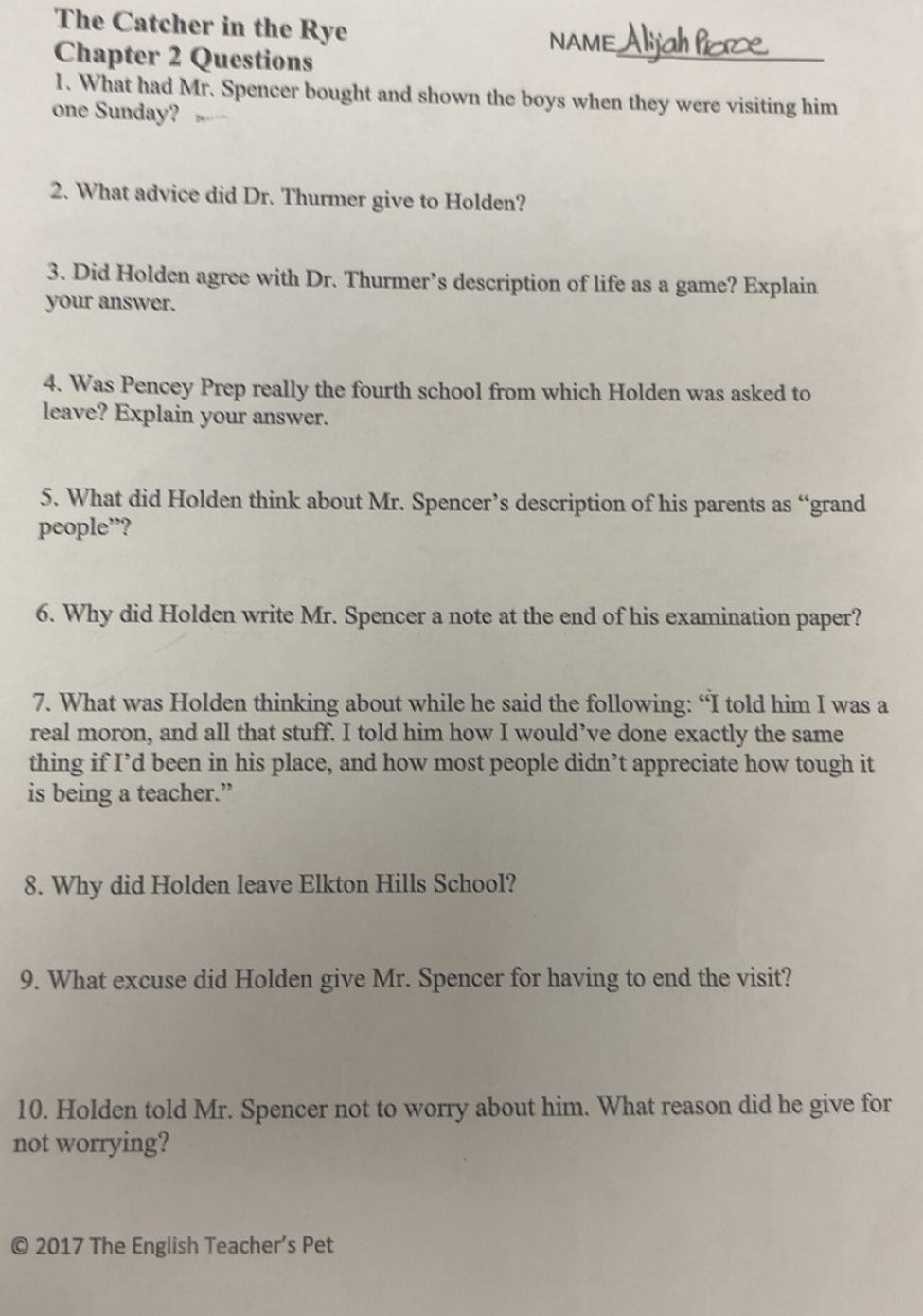 Solved: The Catcher in the Rye NAME Chapter 2 Questions _ 1. What had ...