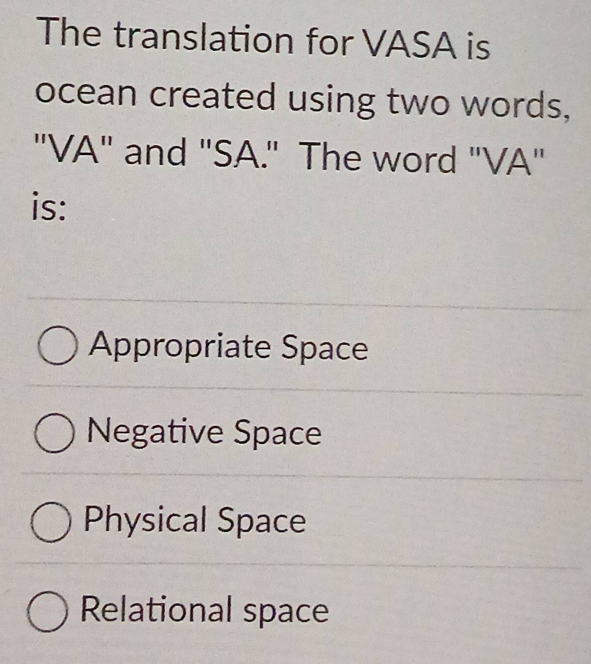 Solved: The translation for VASA is ocean created using two words, ''VA ...