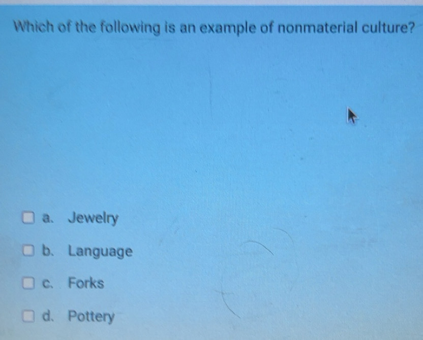 Solved: Which of the following is an example of nonmaterial culture? a ...