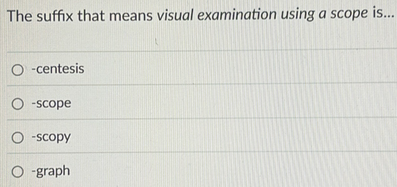 Solved: The suffix that means visual examination using a scope is ...
