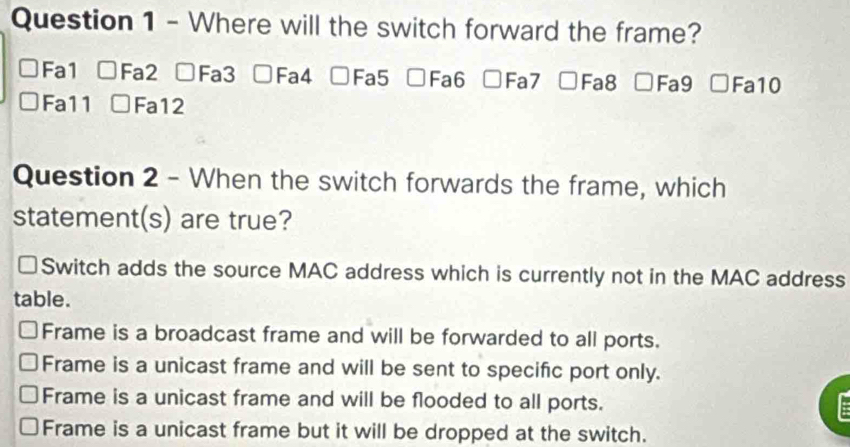Solved: Where will the switch forward the frame? Fa1 Fa2 Fa3 Fa4 Fa5 ...
