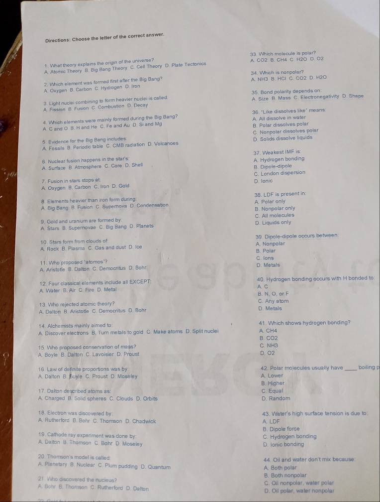 Solved: Directions: Choose the letter of the correct answer. 33. Which ...