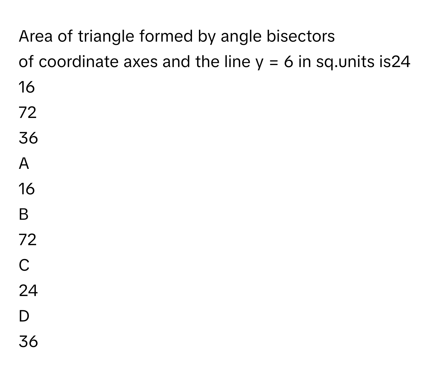 Solved: Area of triangle formed by angle bisectors of coordinate axes and the line y = 6 in [Math]