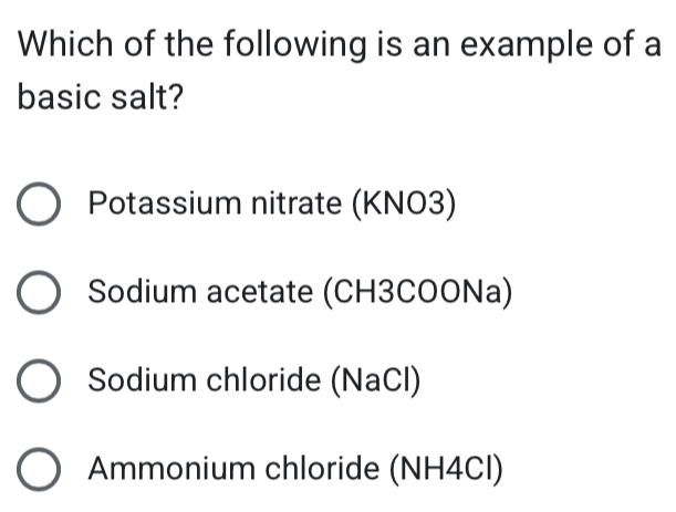 Solved: Which of the following is an example of a basic salt? Potassium ...