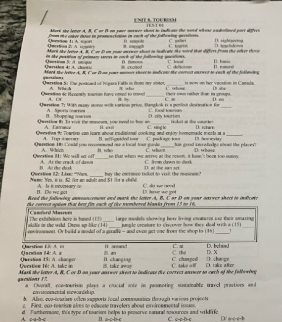 Giải quyết:UNIT 8, TOURISM TEST 01 Mark the letter A, B, C or D on your ...