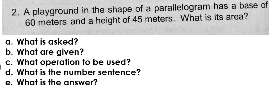 Solved: A playground in the shape of a parallelogram has a base of 60 ...
