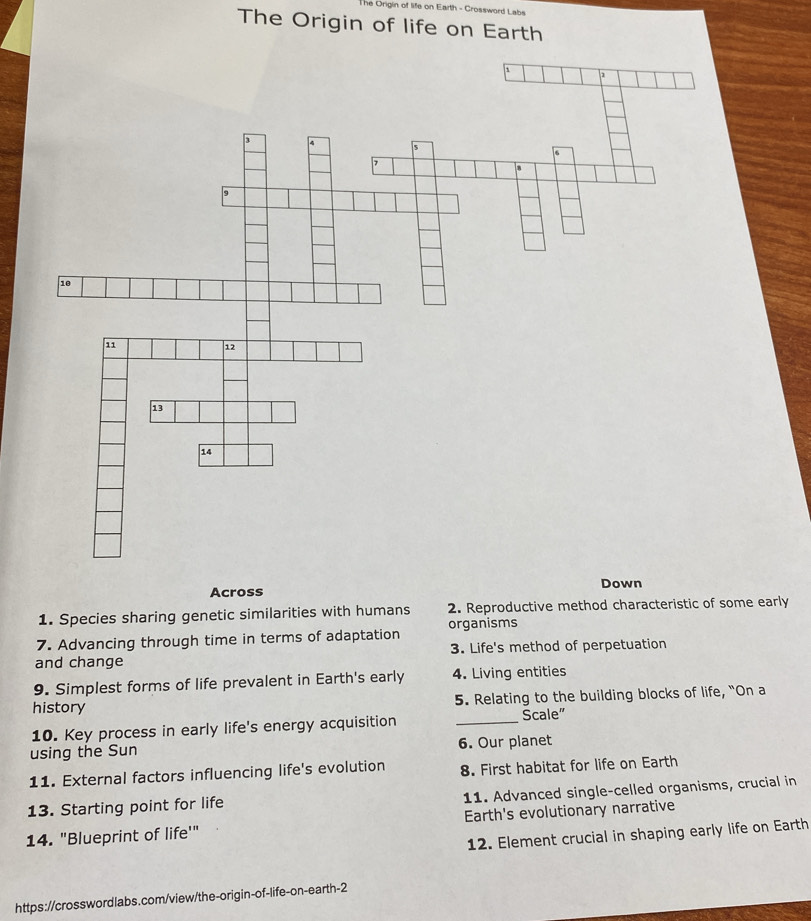 Solved: The Origin of life on Earth - Crossword Labs The Origin of life ...
