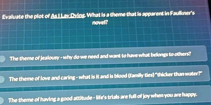 Solved: Evaluate the plot of As I Lay Dying. What is a theme that is ...